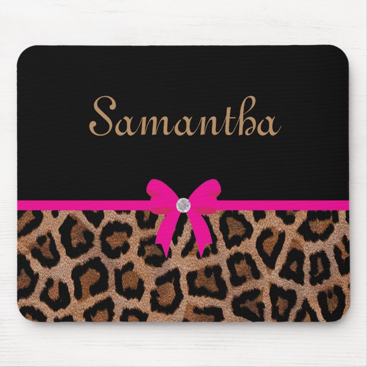 Trendy Hot Pink and Black Leopard Bow Mouse Pad | Zazzle