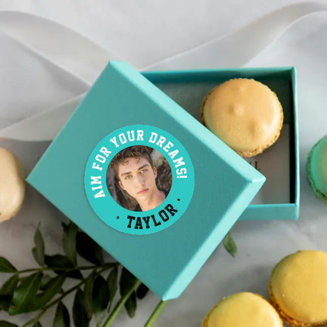 Trendy Inspirational Turquoise Sport Photo Classic Round Sticker | Zazzle