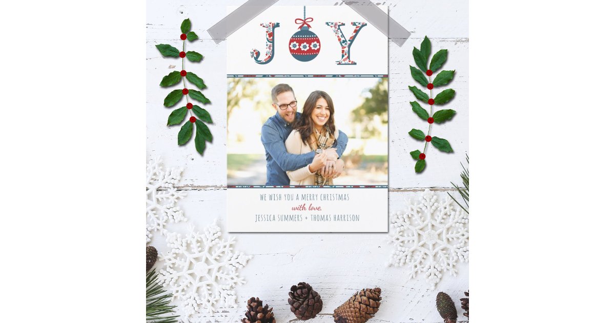 Trendy "Joy" Boho Bauble Photo Christmas Card | Zazzle
