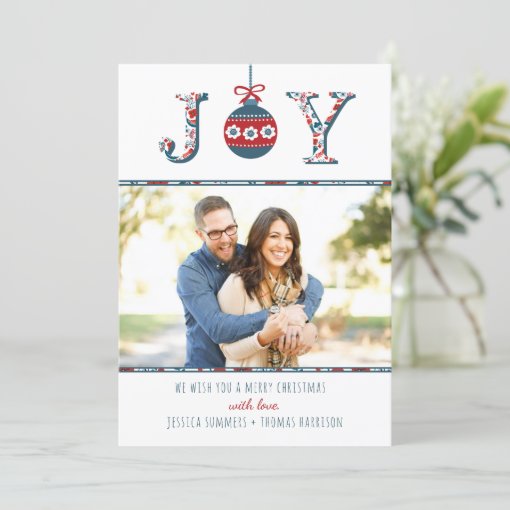 Trendy "Joy" Boho Bauble Photo Christmas Card | Zazzle