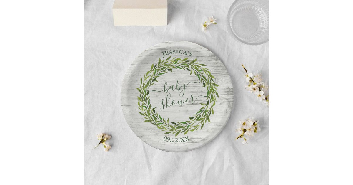 Trendy Laurel Wreath Greenery Baby Shower Paper Plates | Zazzle