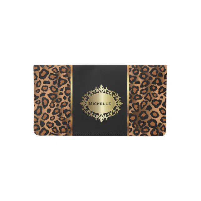 Trendy Leopard Animal Print with Gold Accents Checkbook Cover | Zazzle