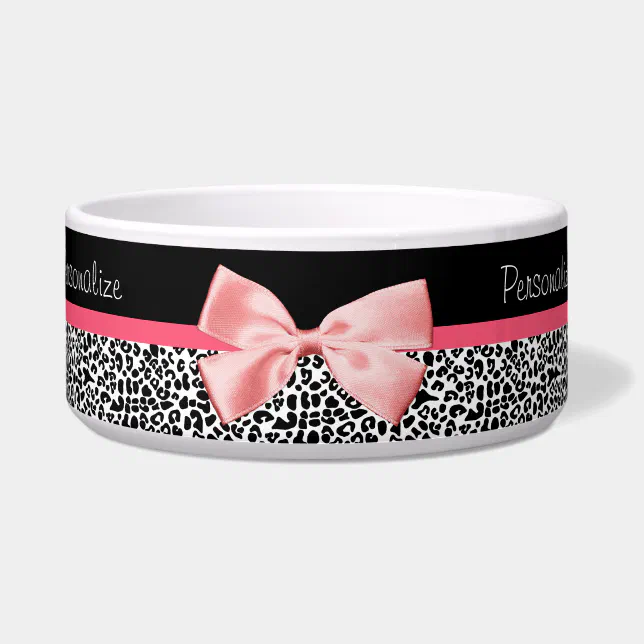 Trendy Leopard Print and Pink Ribbon With Name Bowl | Zazzle