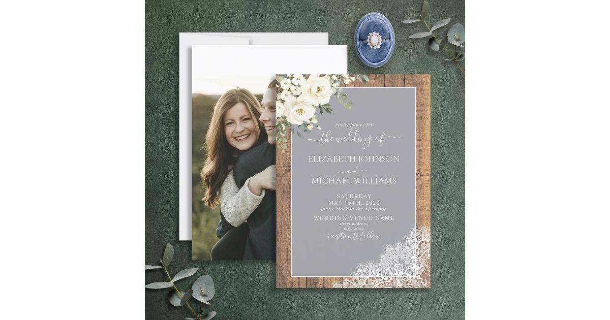 Trendy Light Gray Rustic Wood Script Photo Wedding Invitation | Zazzle