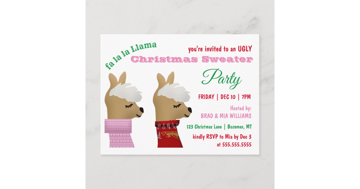 Trendy Llama Christmas Sweater Party Invitation Postcard | Zazzle