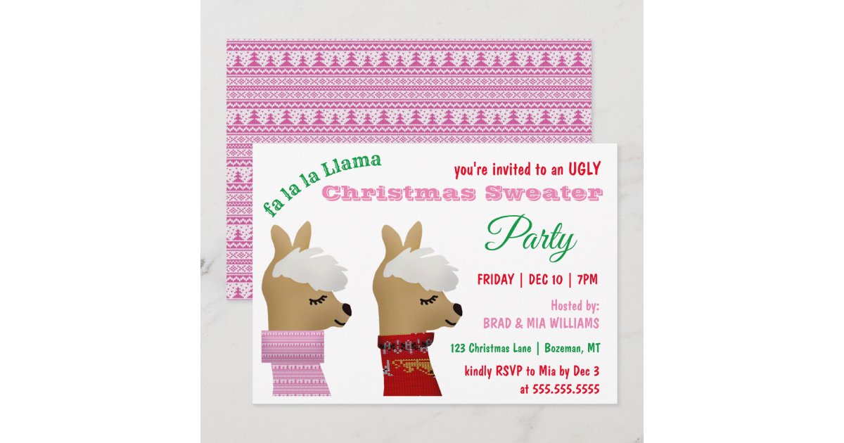 Trendy Llama Pink Christmas Sweater Party Invitation | Zazzle