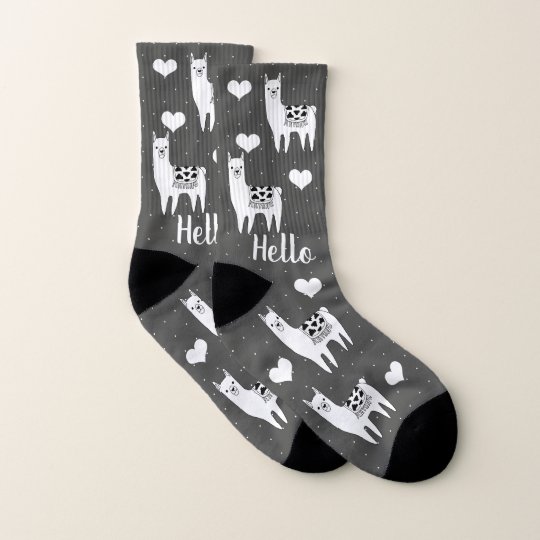 Trendy Llama Sketch & White Dots Hello Socks | Zazzle.com