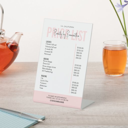 Trendy Logo Blush Pink Beauty Salon Pricing Menu Pedestal Sign | Zazzle