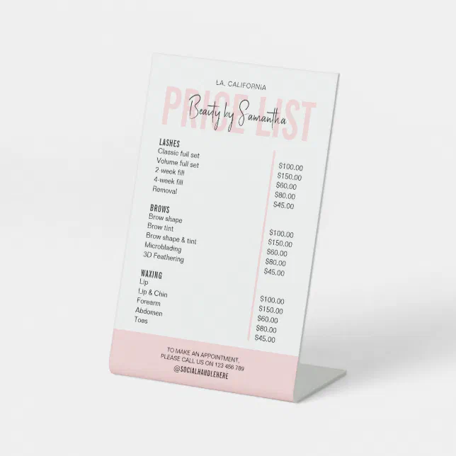 Trendy Logo Blush Pink Beauty Salon Pricing Menu Pedestal Sign | Zazzle