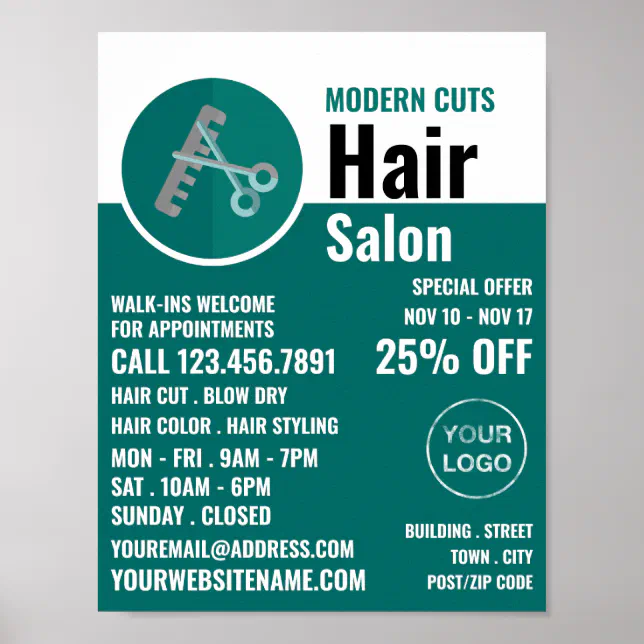 Trendy Logo, Hair Stylist, Hair Salon Advert Poster | Zazzle