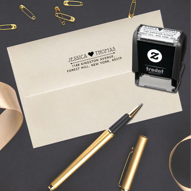 Trendy Love Heart Custom Name & Address Self-inking Stamp | Zazzle