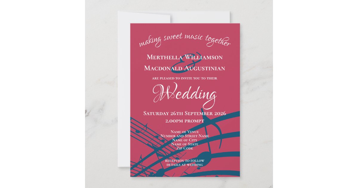 Trendy Magenta MUSIC NOTES Wedding Invitation | Zazzle