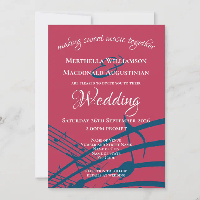 Trendy Magenta MUSIC NOTES Wedding Invitation | Zazzle