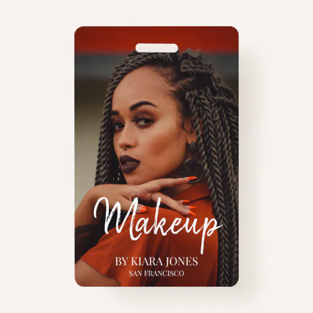 Trendy Makeup Artist Photo White Script Badge | Zazzle