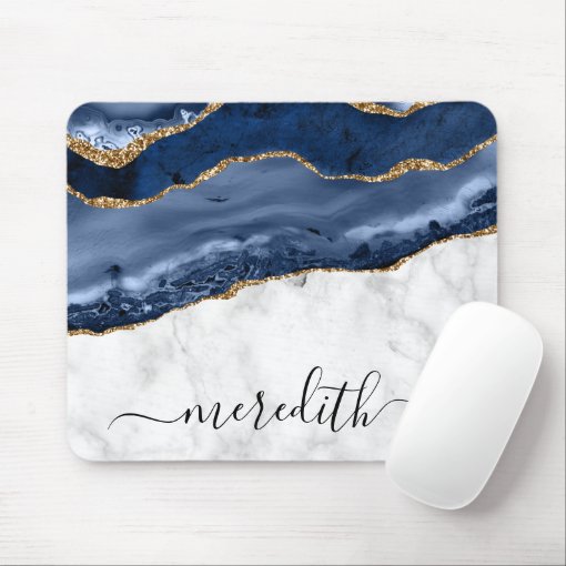 Trendy Marble Navy Blue Gold Agate Monogram Mouse Mouse Pad | Zazzle