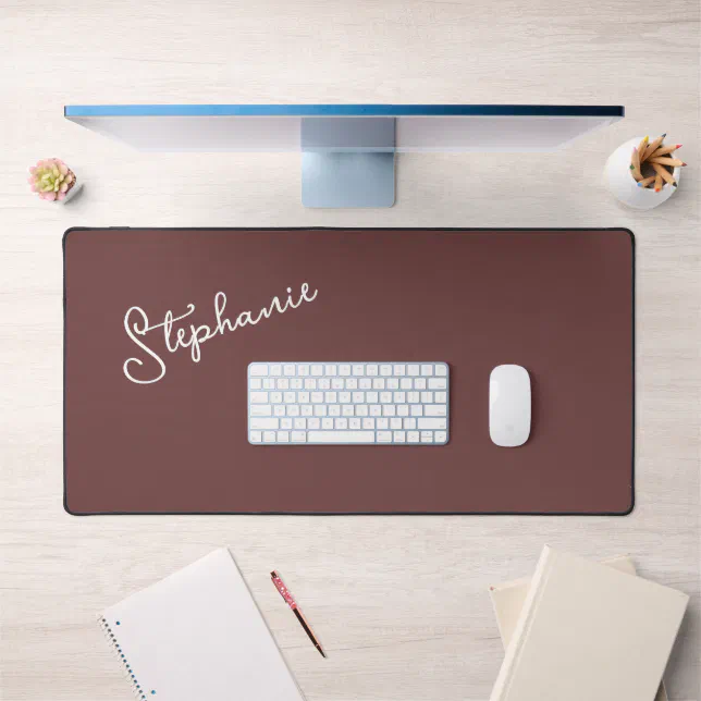Trendy Minimalist Brown Script Personalized Name Desk Mat | Zazzle