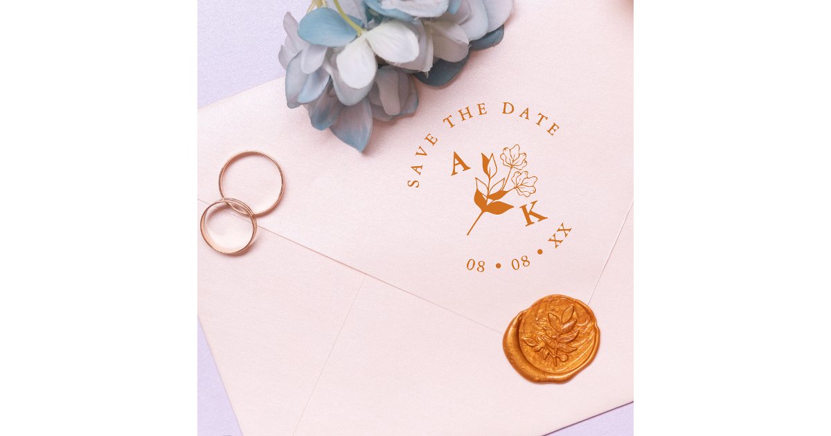 Trendy Minimalist Wedding Wildflowers Initials Rubber Stamp | Zazzle