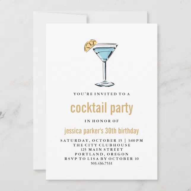 Trendy Modern Blue and Gold Cocktail Party Invitation | Zazzle