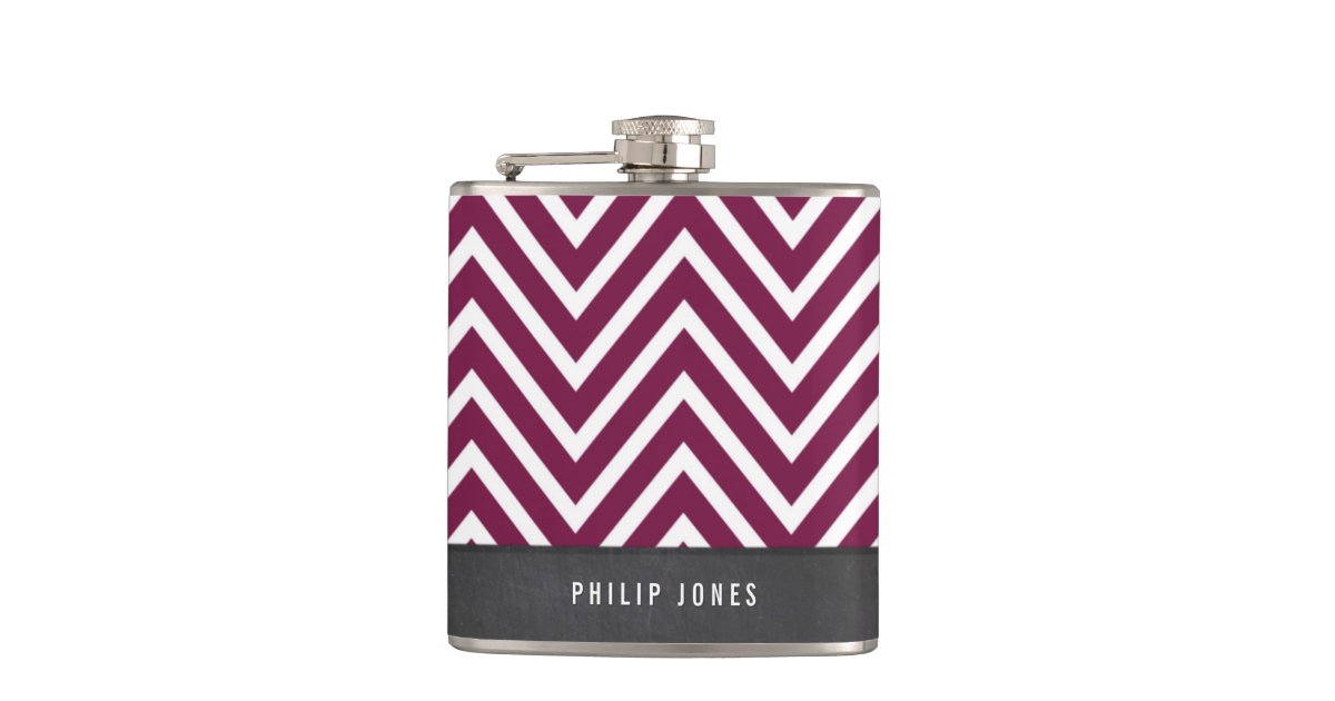 TRENDY modern chevron pattern gray maroon plum Flask | Zazzle