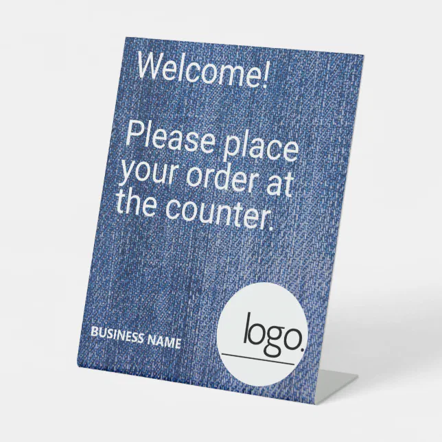 TRENDY MODERN DENIM BLUE OWN LOGO BRANDED BUSINESS PEDESTAL SIGN | Zazzle