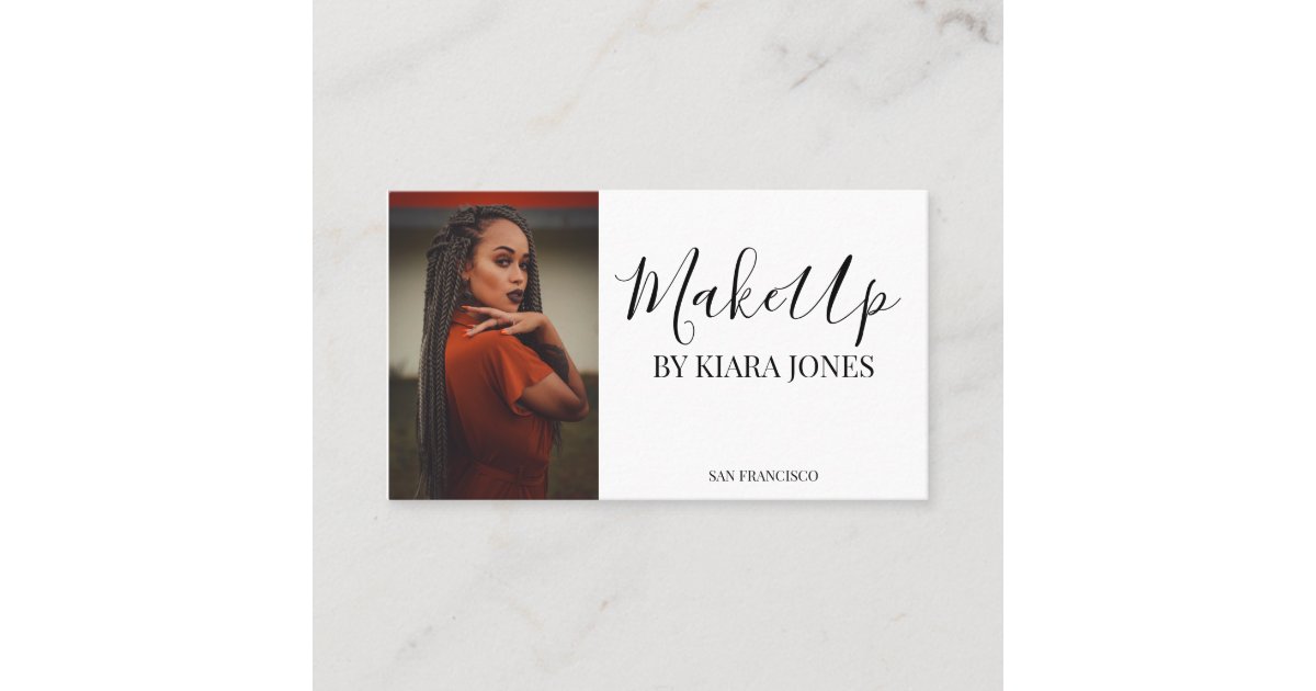 Trendy Modern Makeup Artist Script Photo Business Card | Zazzle