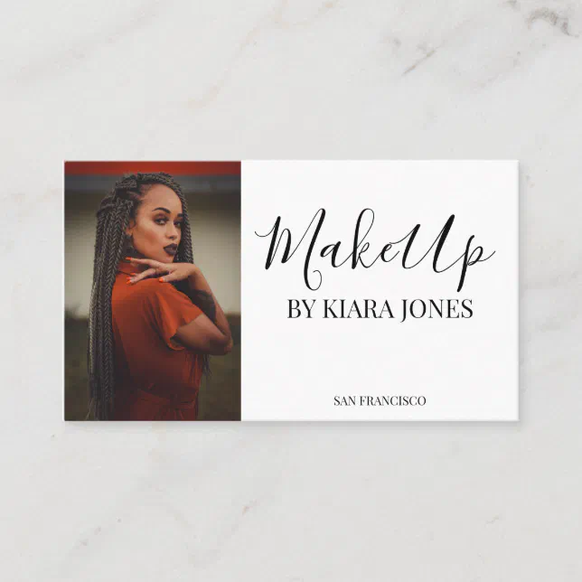Trendy Modern Makeup Artist Script Photo Business Card | Zazzle