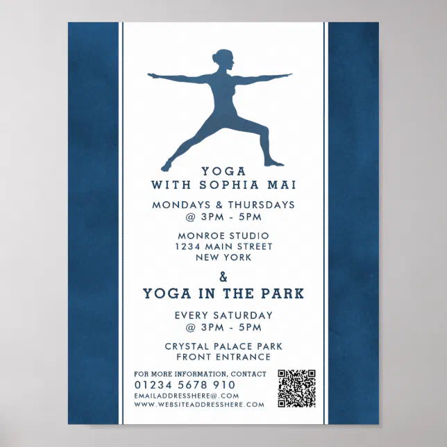 Trendy Modern Navy Blue Yoga Class Advertising Poster | Zazzle