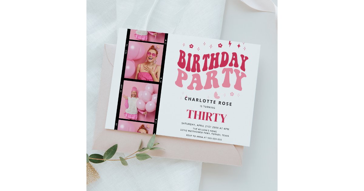 Trendy Modern Photo Strip Pink Birthday Party Invitation | Zazzle