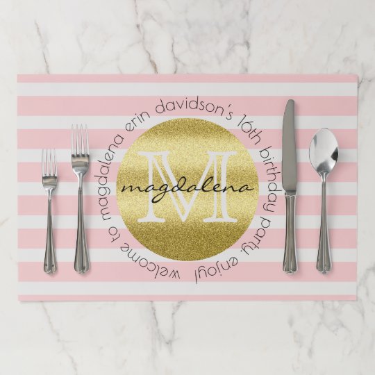 Trendy Monogram Gold Glitter Blush Pink Stripes Paper Placemat | Zazzle.com