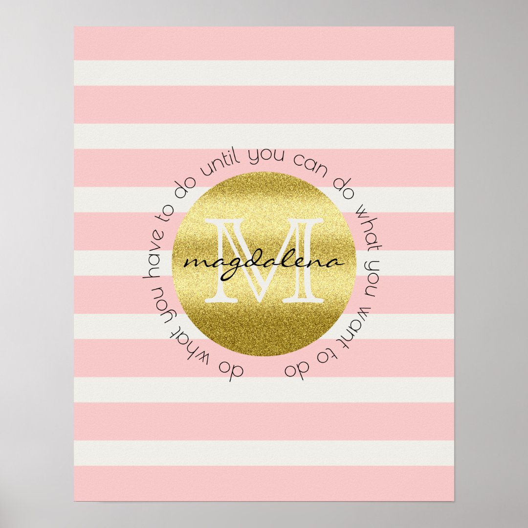 Trendy Monogram Gold Glitter Blush Pink Stripes Poster | Zazzle
