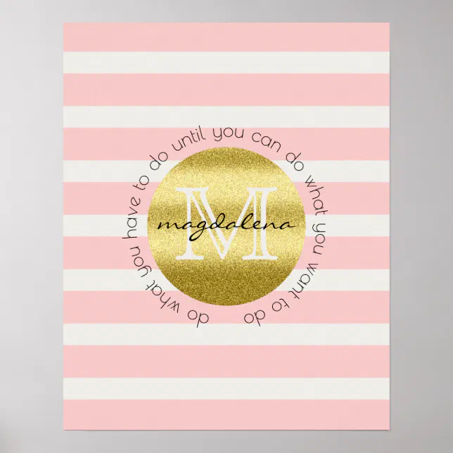 Trendy Monogram Gold Glitter Blush Pink Stripes Poster | Zazzle