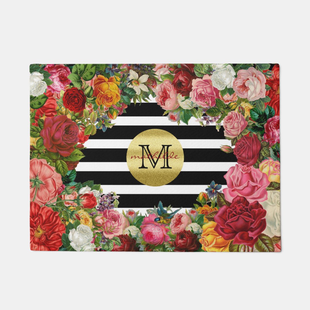 Trendy Monogram Stripes Roses Flowers Gold Glitter Doormat | Zazzle
