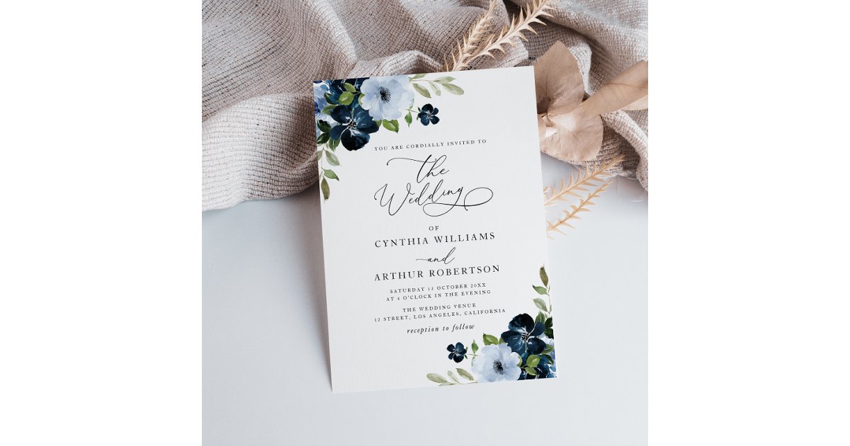 Trendy Navy and light blue floral script wedding Invitation | Zazzle