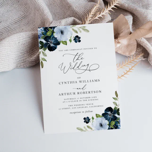 Trendy Navy and light blue floral script wedding Invitation | Zazzle