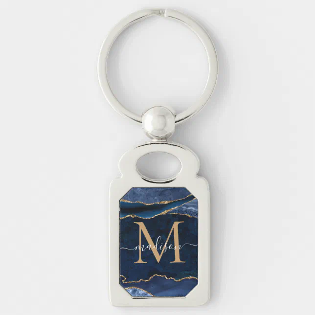 Trendy Navy Blue Gold Agate Geode Glitter Monogram Keychain | Zazzle