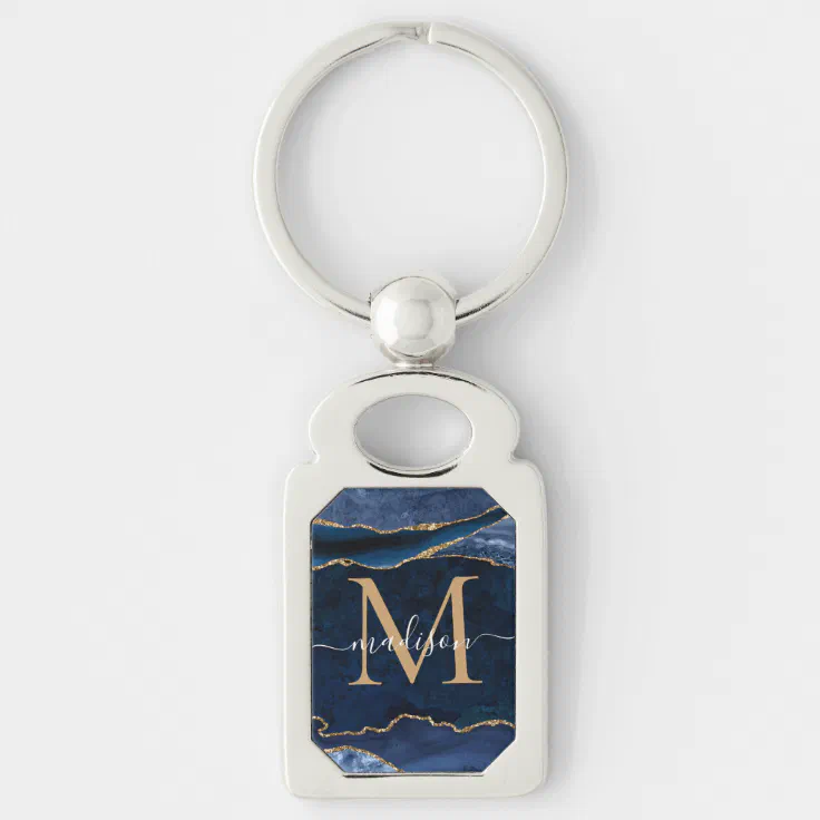 Trendy Navy Blue Gold Agate Geode Glitter Monogram Keychain | Zazzle