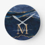 Trendy Navy Blue Gold Agate Geode Glitter Monogram Round Clock | Zazzle