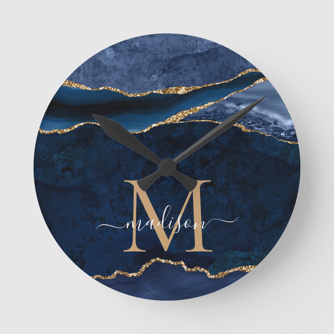 Trendy Navy Blue Gold Agate Geode Glitter Monogram Round Clock | Zazzle