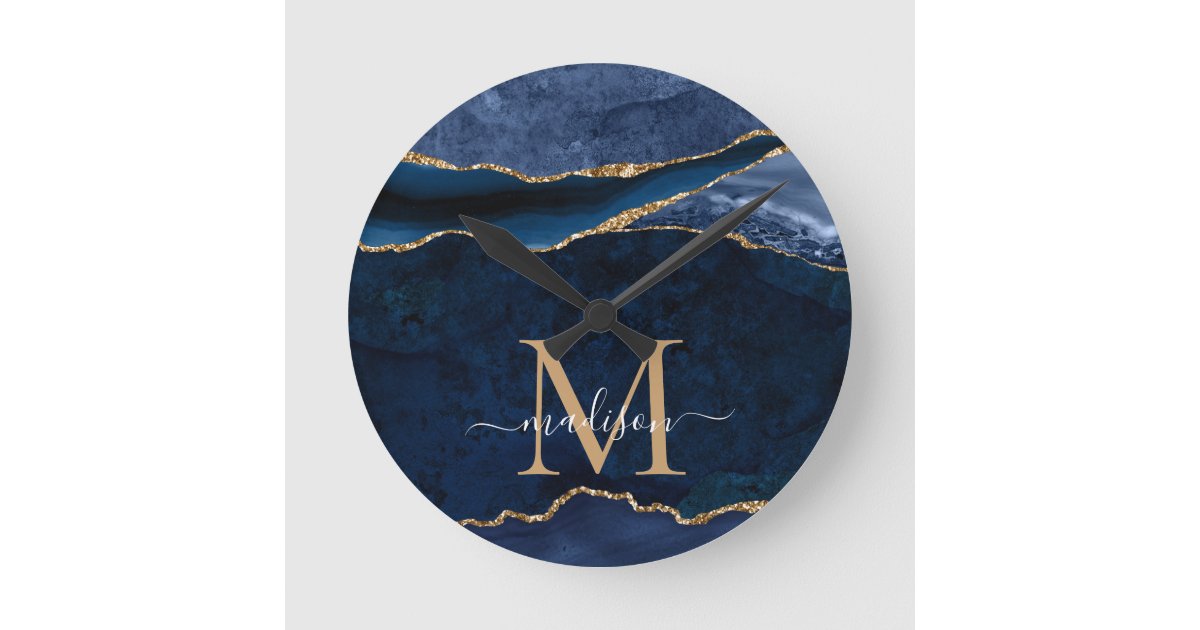 Trendy Navy Blue Gold Agate Geode Glitter Monogram Round Clock | Zazzle