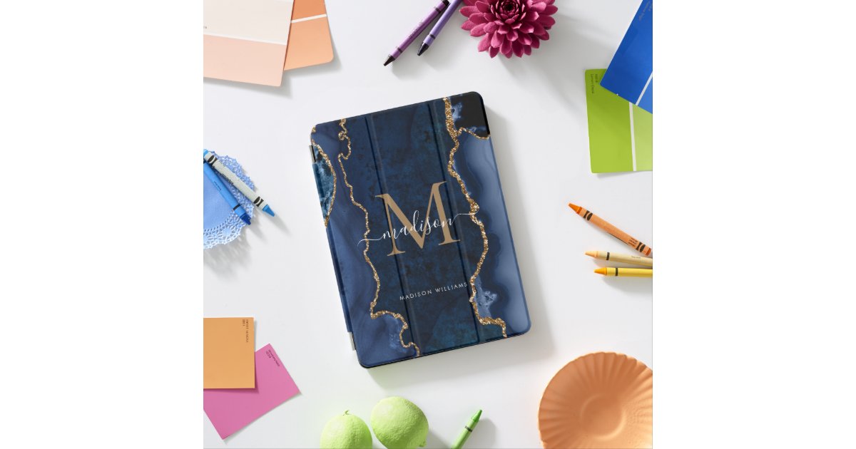 Trendy Navy Blue Gold Agate Geode Monogram Script iPad Pro Cover | Zazzle