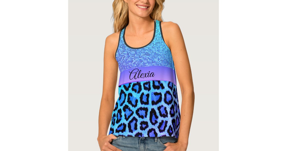 Trendy Neon Blue Leopard Pixel Print Tank Top | Zazzle