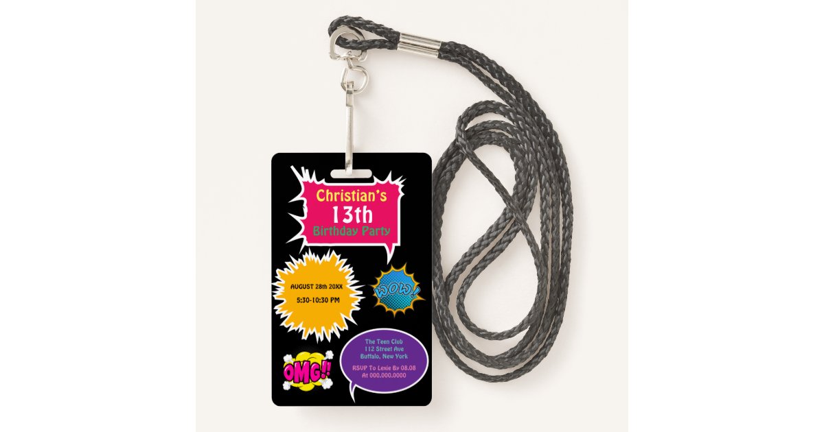Trendy Neon Comic Birthday Party Badge | Zazzle