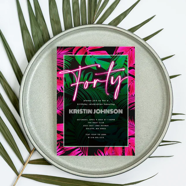 Trendy Neon Pink Tropical 40th Birthday Invitation | Zazzle