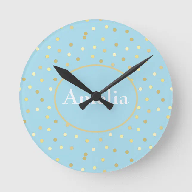 Trendy Pastel Blue Gold Confetti Dots Round Clock | Zazzle