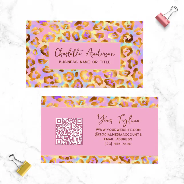 Trendy Pastel Modern Gold Leopard Print QR Code Business Card | Zazzle