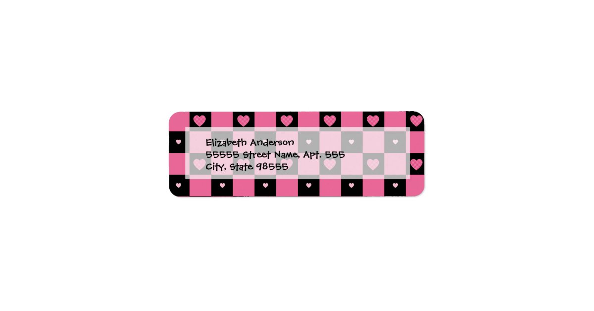 Trendy Pink and Black Checkered Hearts Label | Zazzle
