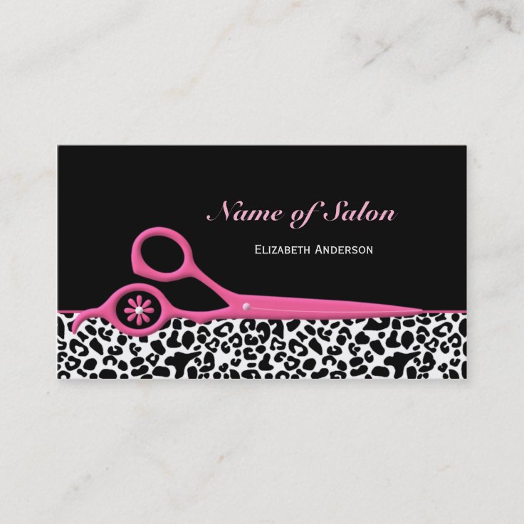 Trendy Pink and Black Leopard Hair Salon Scissors Business Card | Zazzle