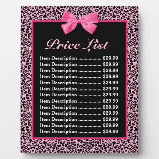 Trendy Pink And Black Leopard Hot Pink Price List Plaque | Zazzle