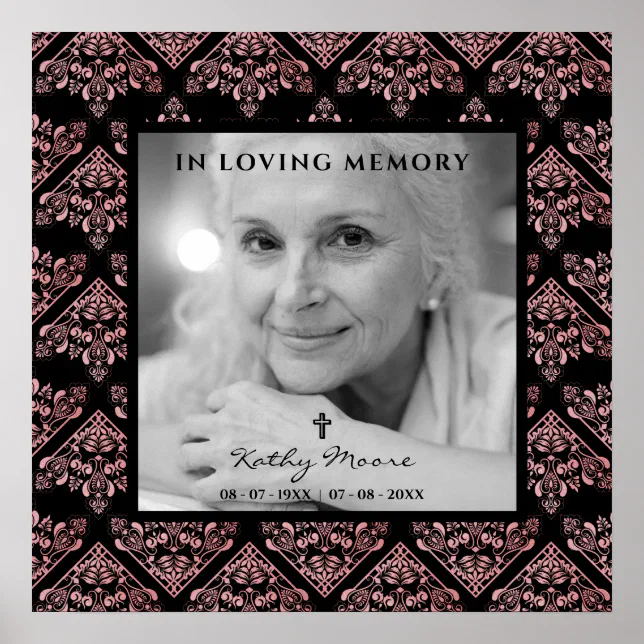 Trendy Pink Damask Custom Photo Funeral Loved Ones Poster | Zazzle