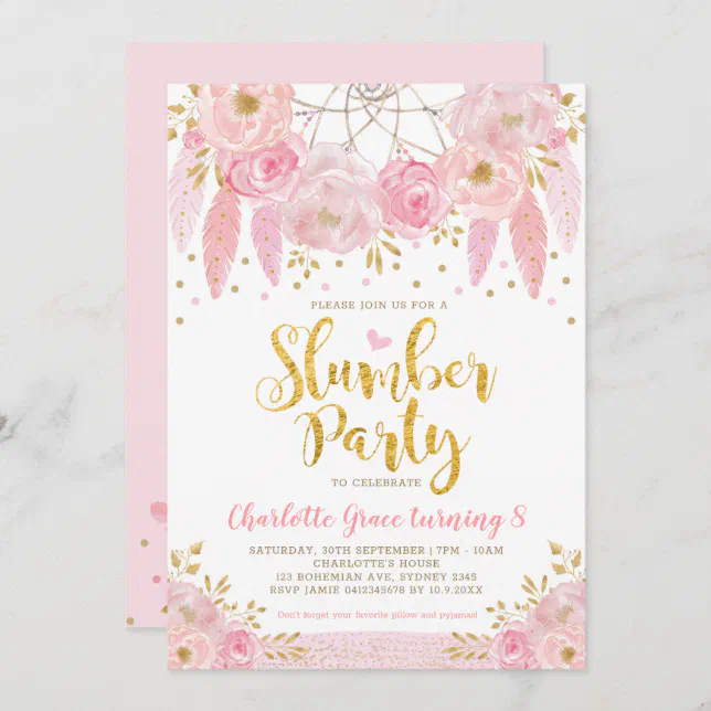 Trendy Pink Dreamcatcher Sleepover Slumber Party Invitation | Zazzle
